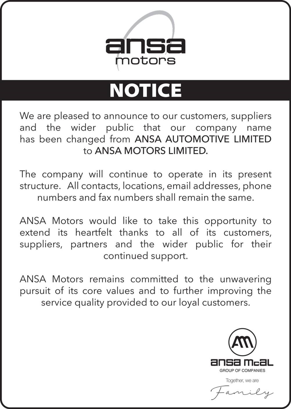 ANSA Motors Notice of Name Change - ANSA McAL
