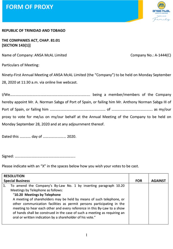 The Form Of Proxy - ANSA McAL