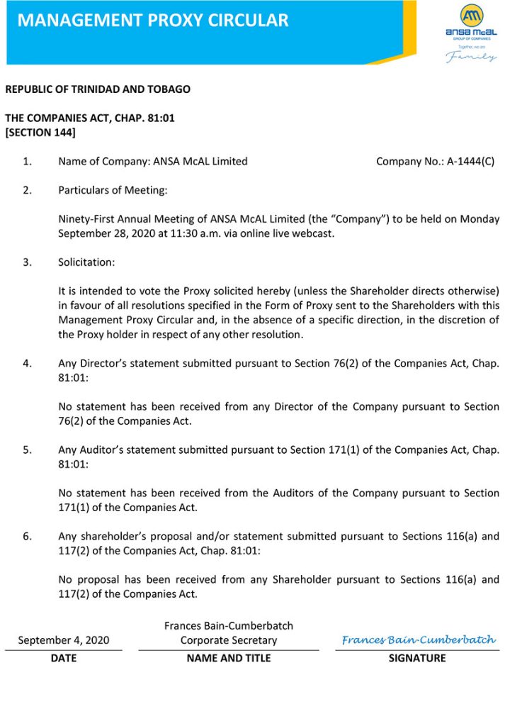 The Management Proxy Circular - ANSA McAL