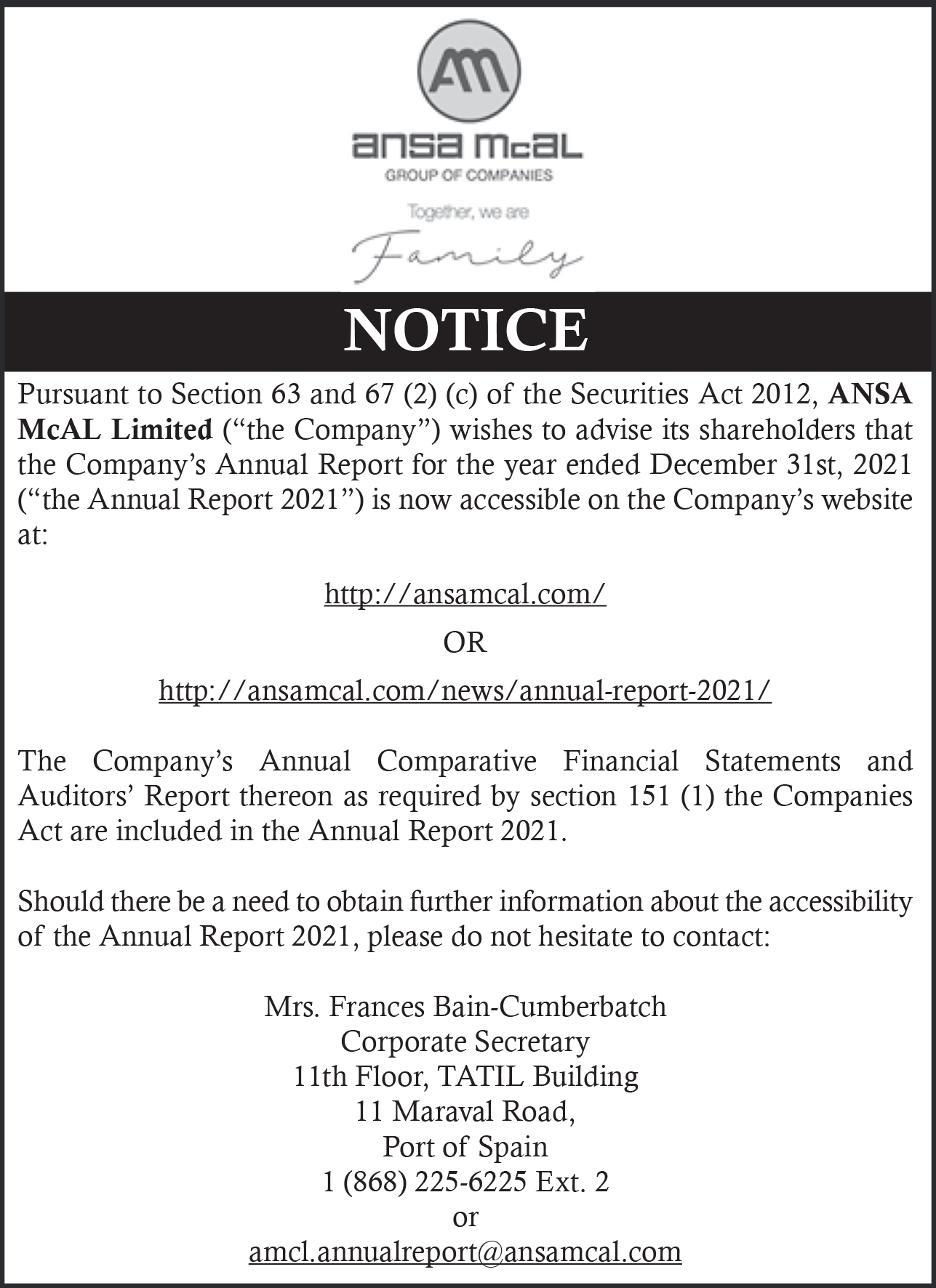 Annual Report Notice - ANSA McAL