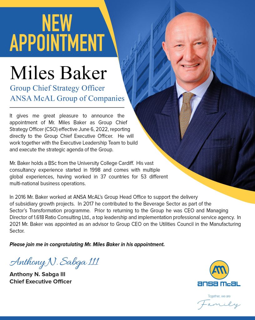 New Appointment – Miles Baker, Group Chief Strategy Officer - ANSA McAL