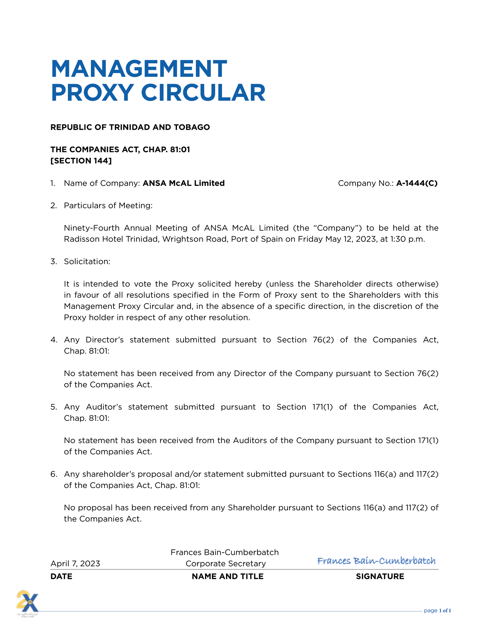 Management Proxy Circular - ANSA McAL