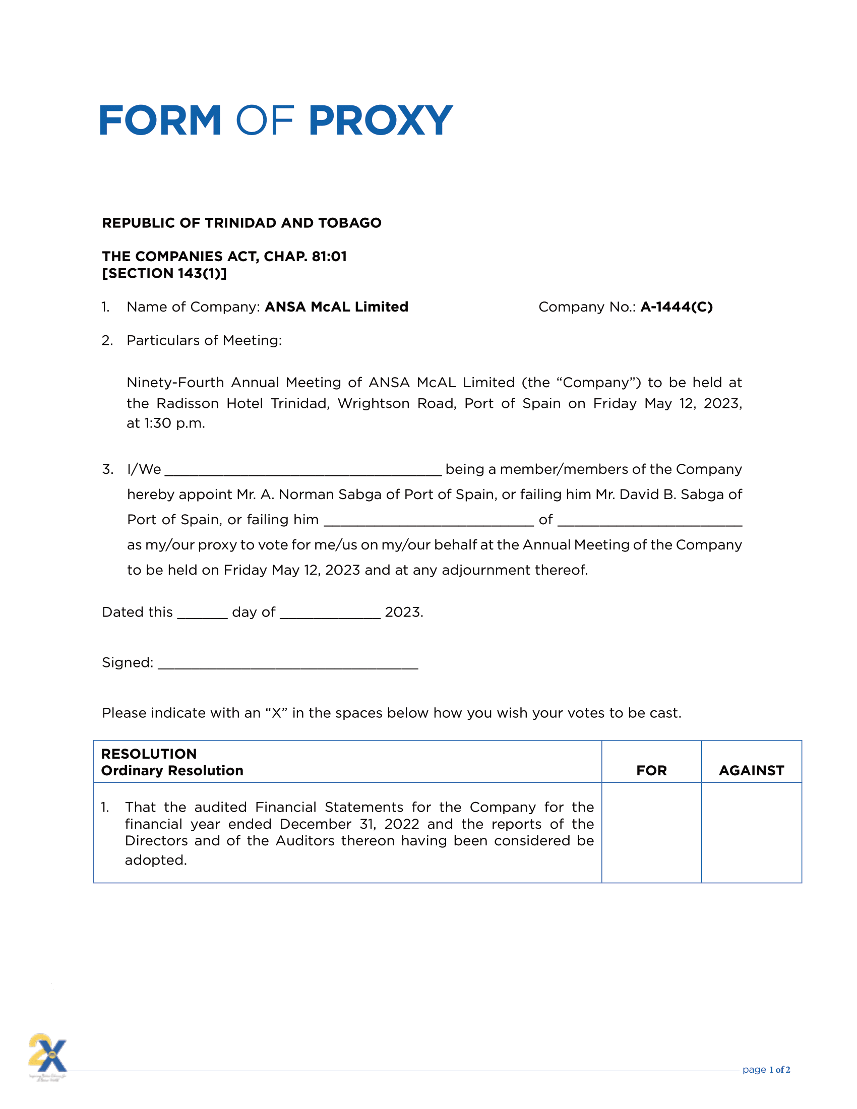 Form Of Proxy 2023 - ANSA McAL