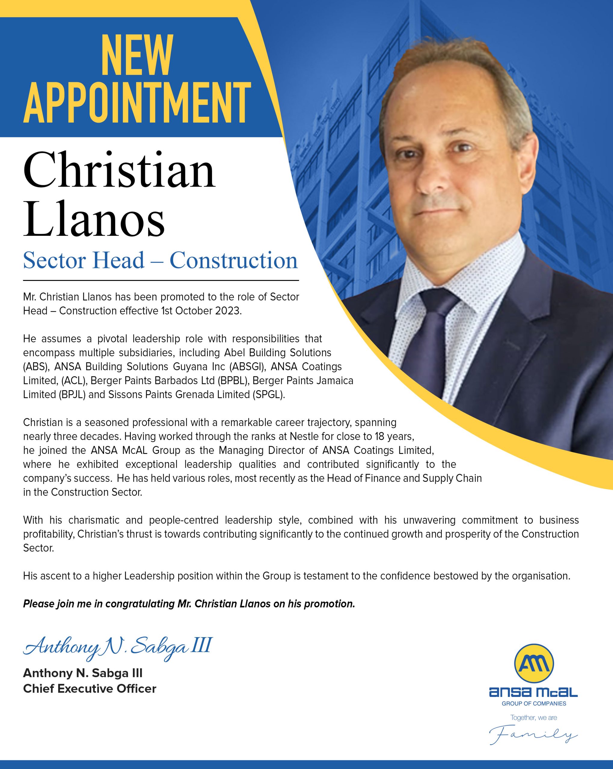 New Appointment: Christian Llanos – Sector Head – Construction - ANSA McAL