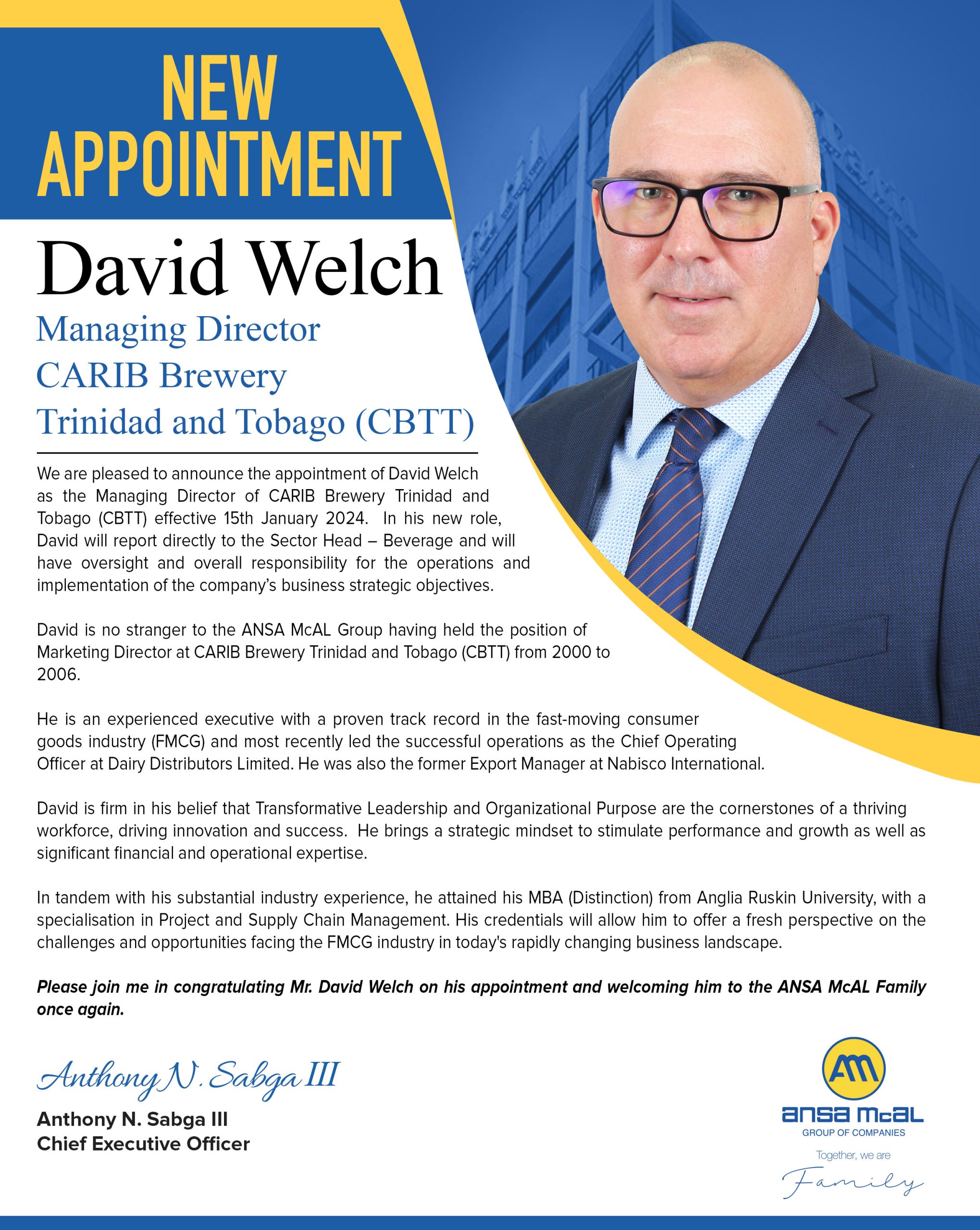 New Appointment: David Welch – Managing Director – CARIB Brewery ...