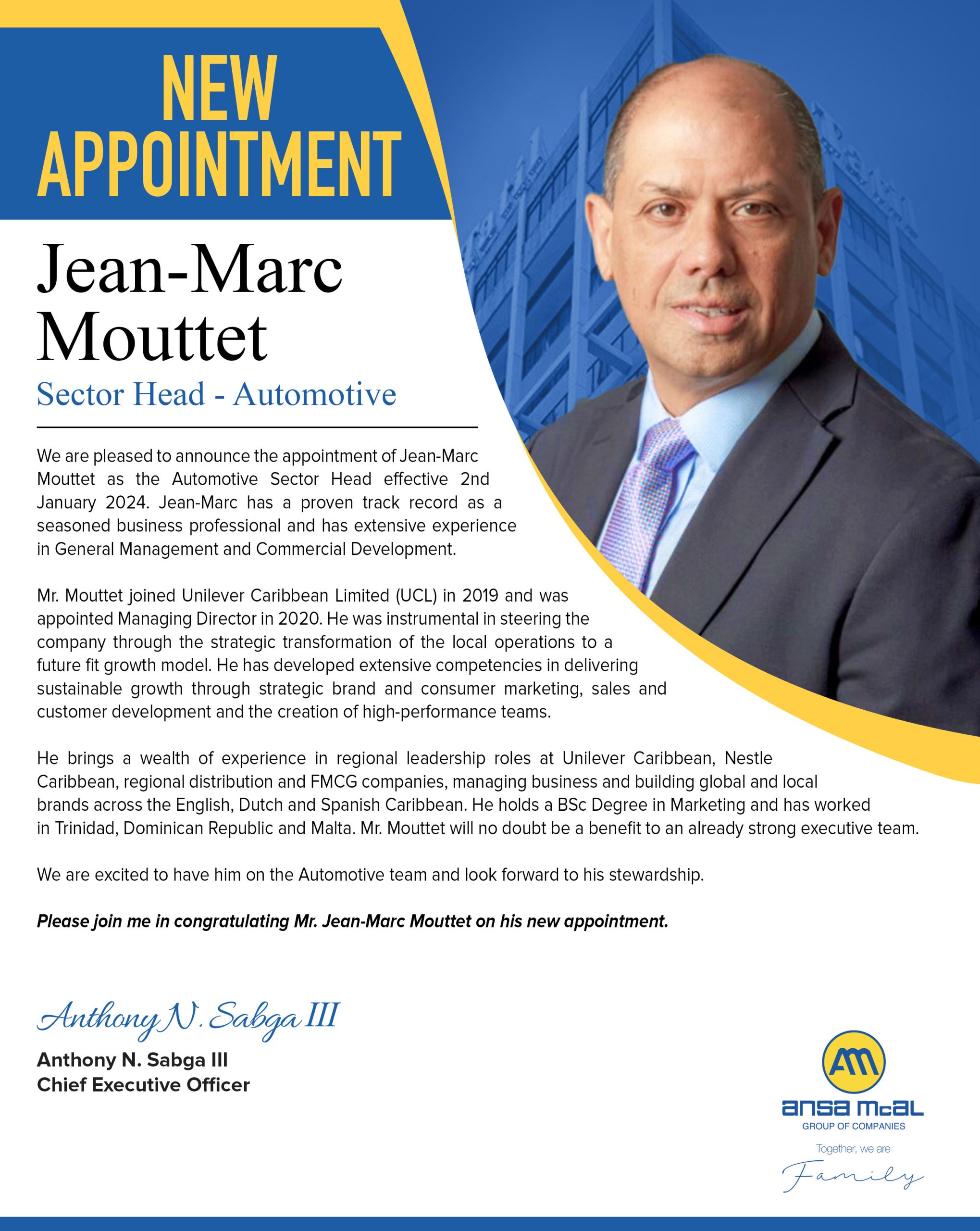 New Appointment: Jean-Marc Mouttet – Sector Head – Automotive - ANSA McAL