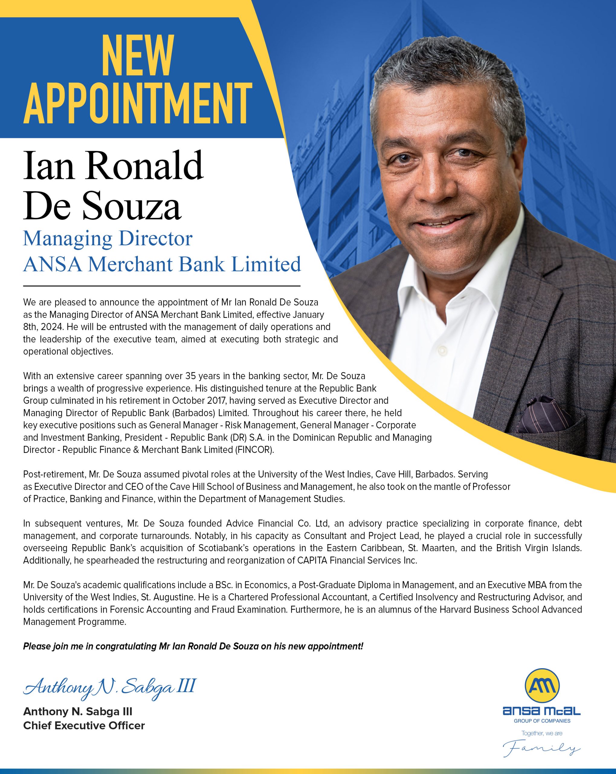 New Appointment – Ian Ronald De Souza – Managing Director – ANSA ...
