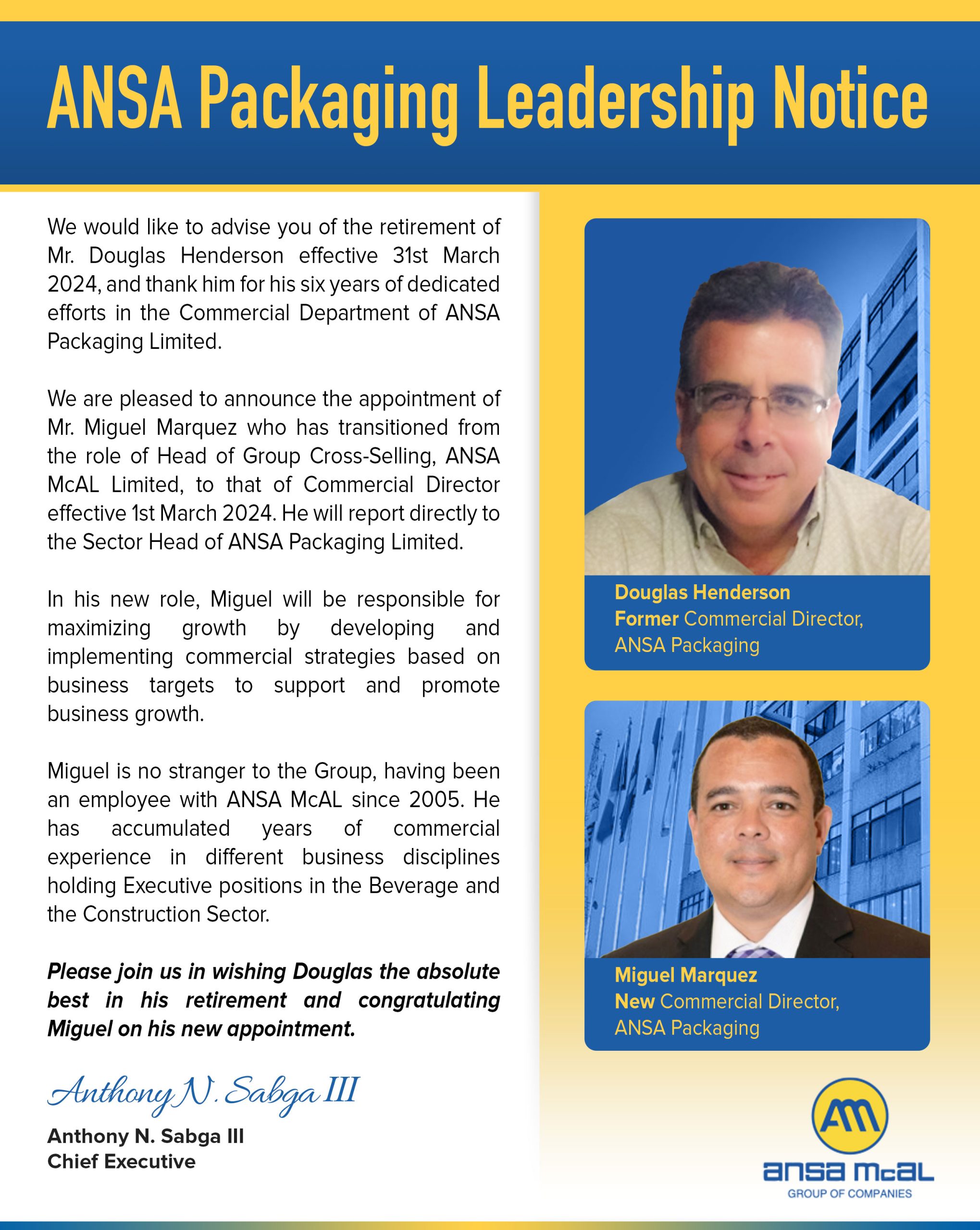 ANSA Packaging Leadership Notice - ANSA McAL