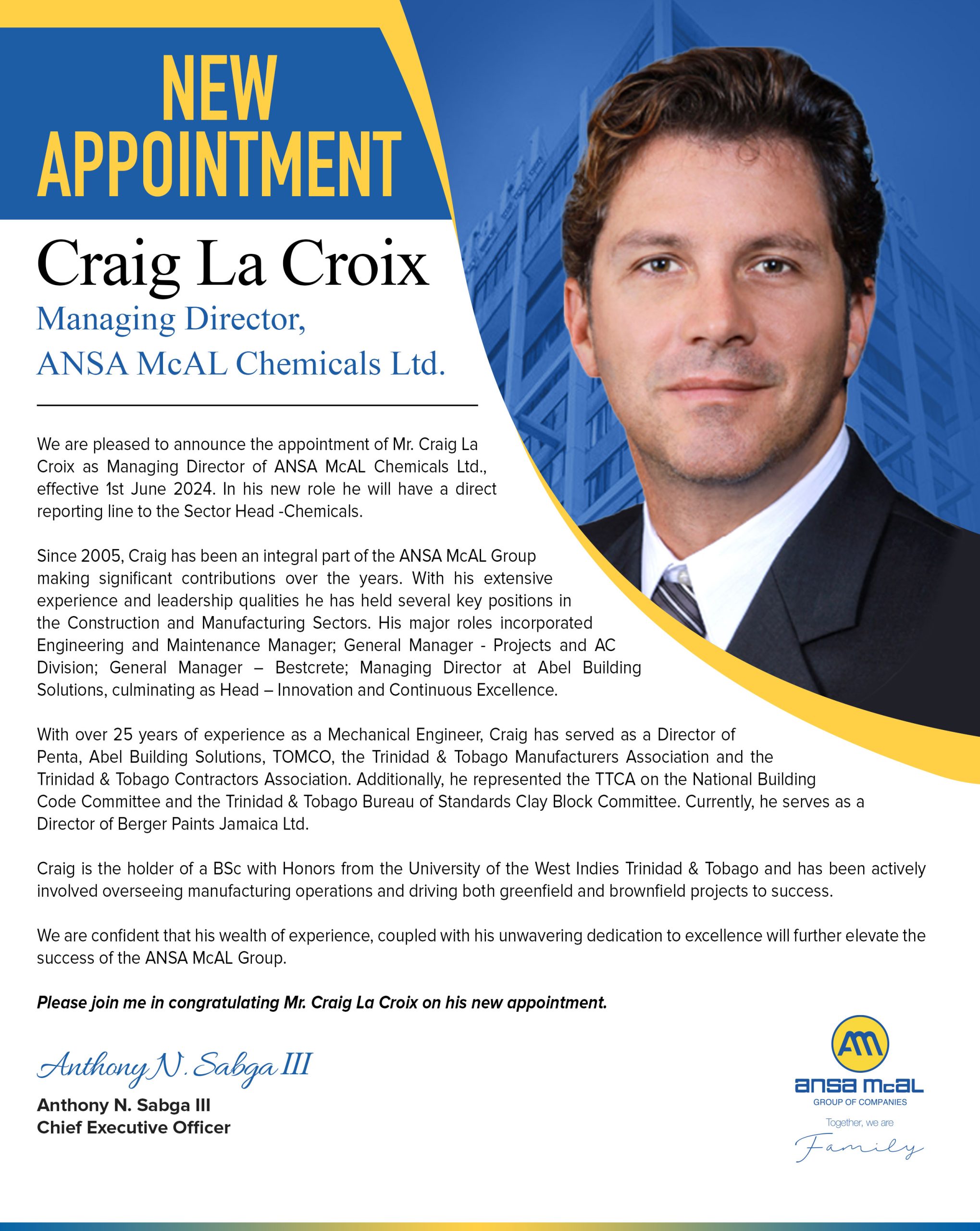 New Appointment: Craig La Croix – Managing Director, ANSA McAL ...