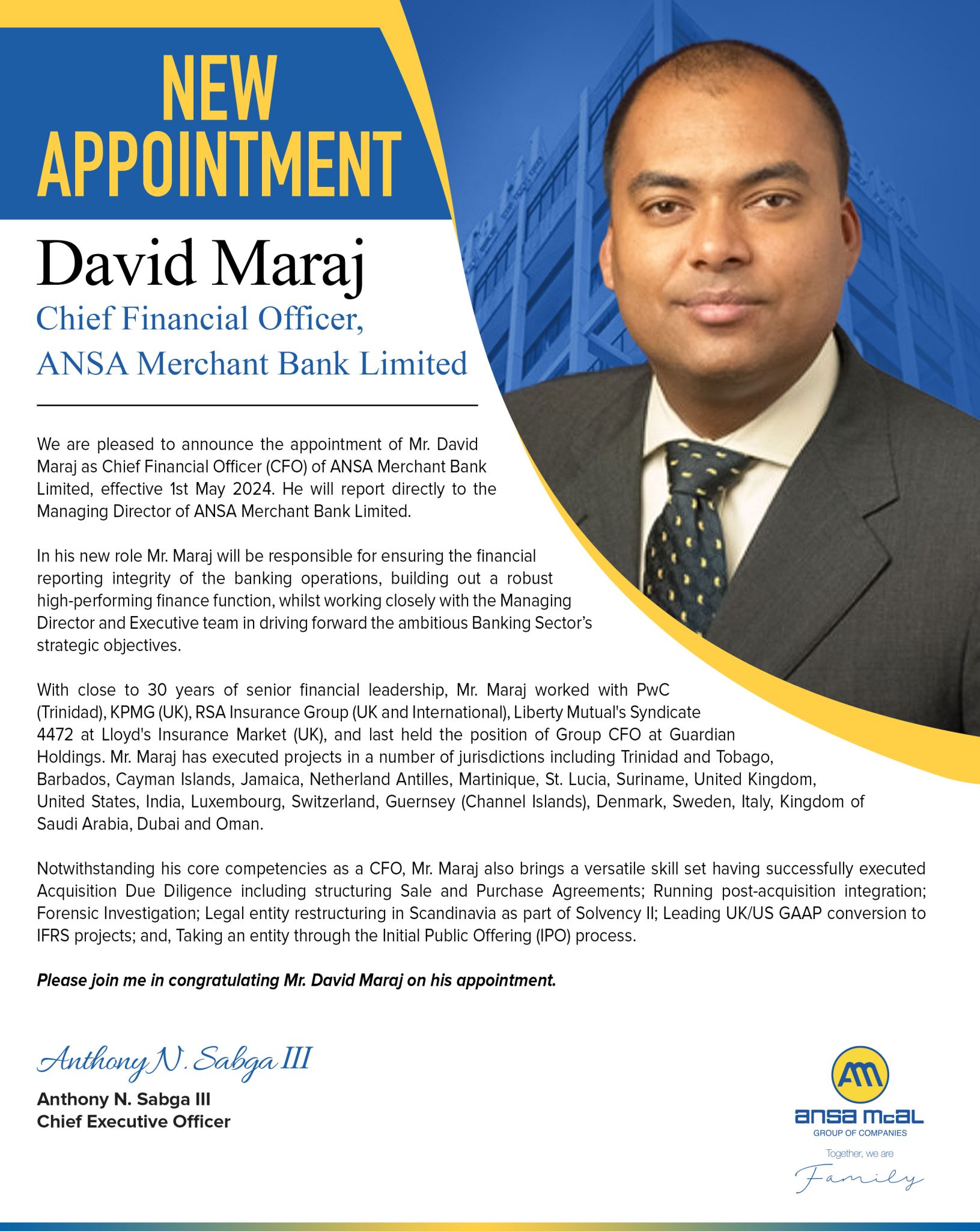 New Appointment: David Maraj – Chief Financial Officer, ANSA Merchant ...