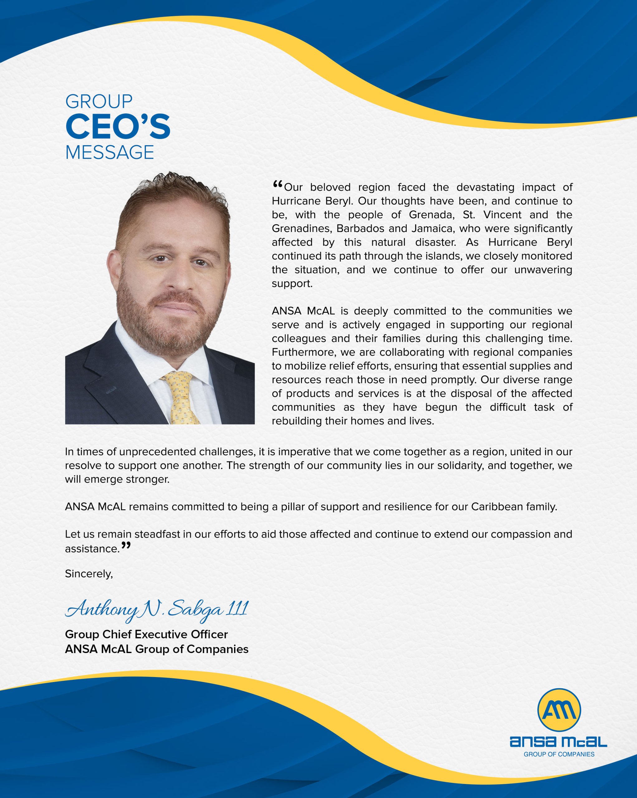 Message from the Group CEO on the Aftermath of Hurricane Beryl - ANSA McAL