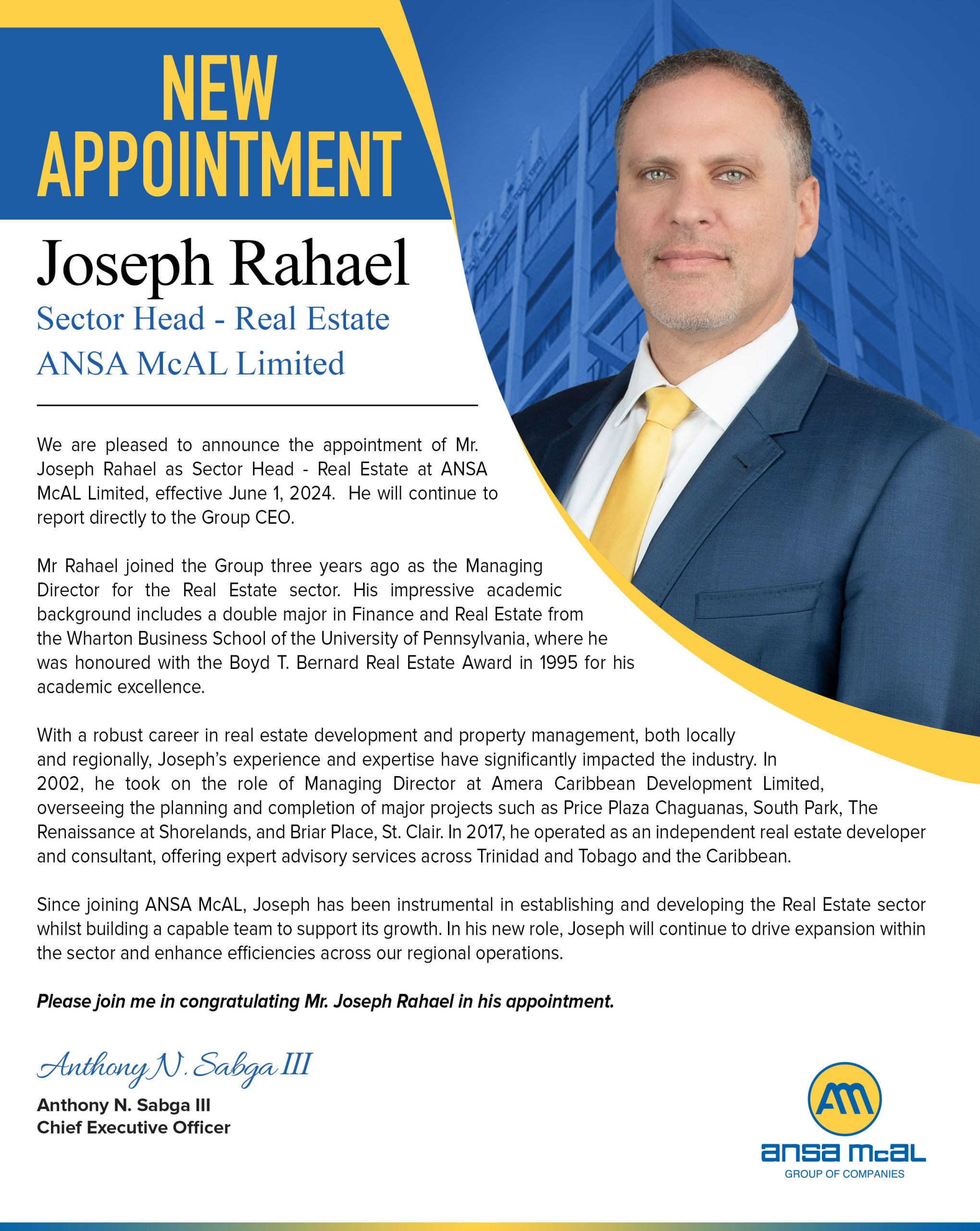 New Appointment: Joseph Rahael – Sector Head, Real Estate - ANSA McAL